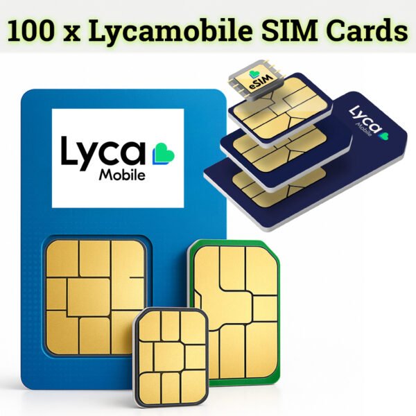 100 X Lycamobile SIM Cards – UK PAYG Network Bulk Pack | Multi-Size SIMs