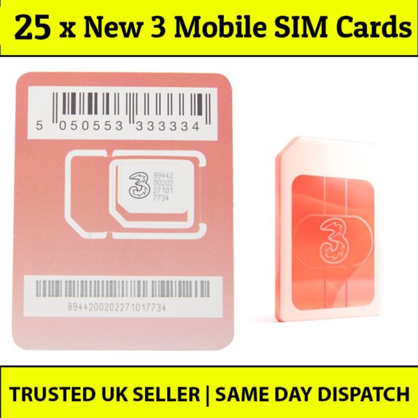 25 Three UK SIM Cards - Bulk PAYG Pack | Triple-Cut | Fast UK Delivery